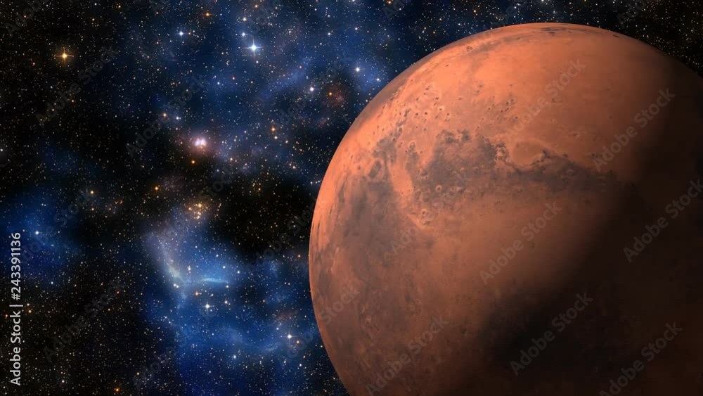 3D Animation of the Planet Mars Spinning over Galaxy Background Close ...