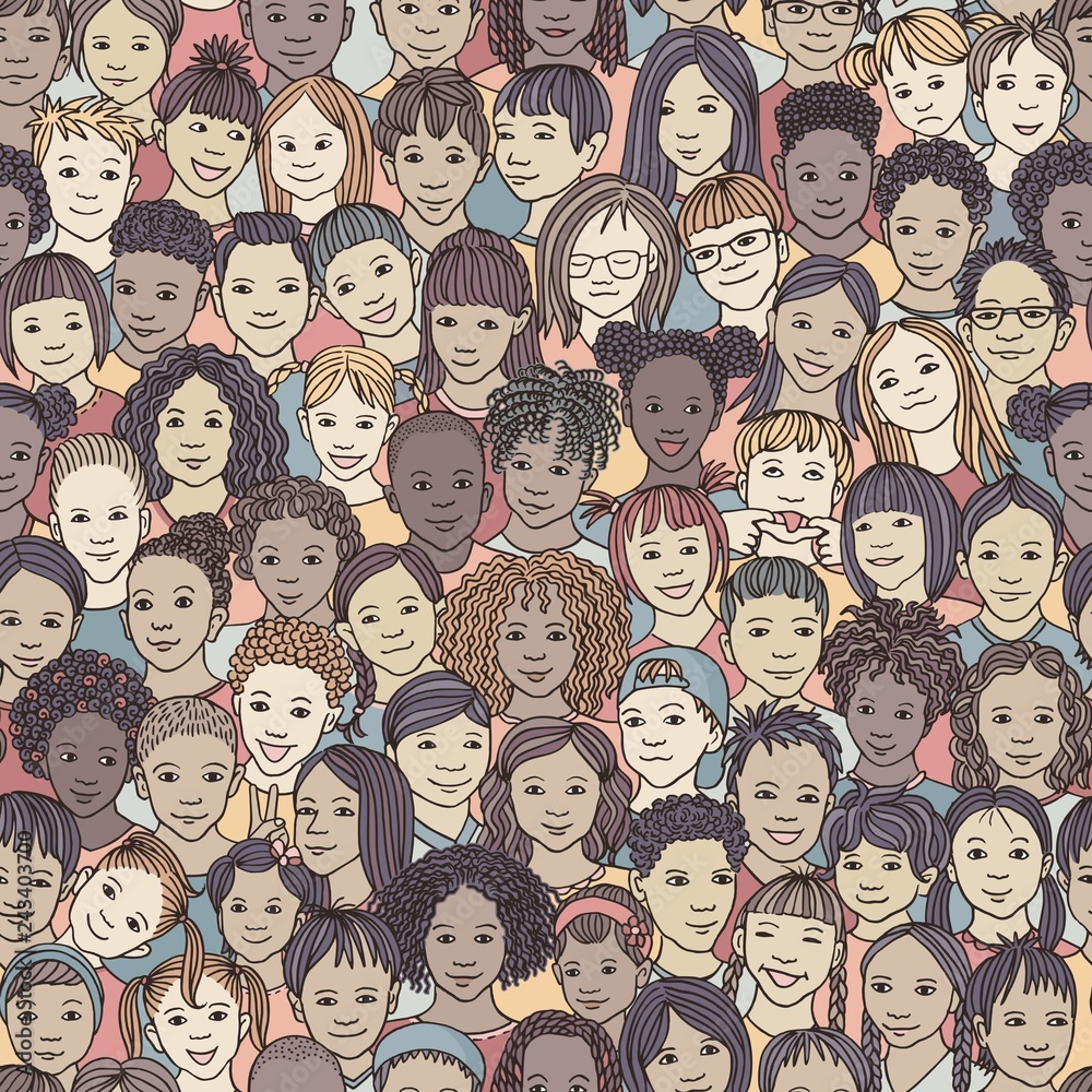 Diverse group of children - seamless pattern of 70 different hand drawn ...