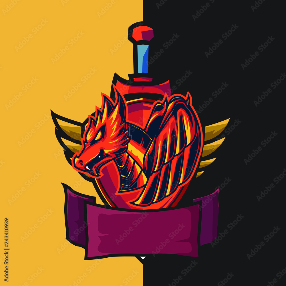 Esport gaming logo with red dragon and shield themes and defense swords ...