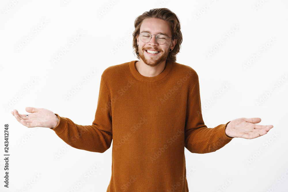 Studio shot of unbothered careless good-looking chill guy with beard in ...