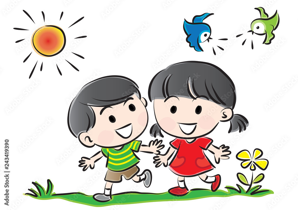 cartoon kids with sun and bird Stock Vector | Adobe Stock