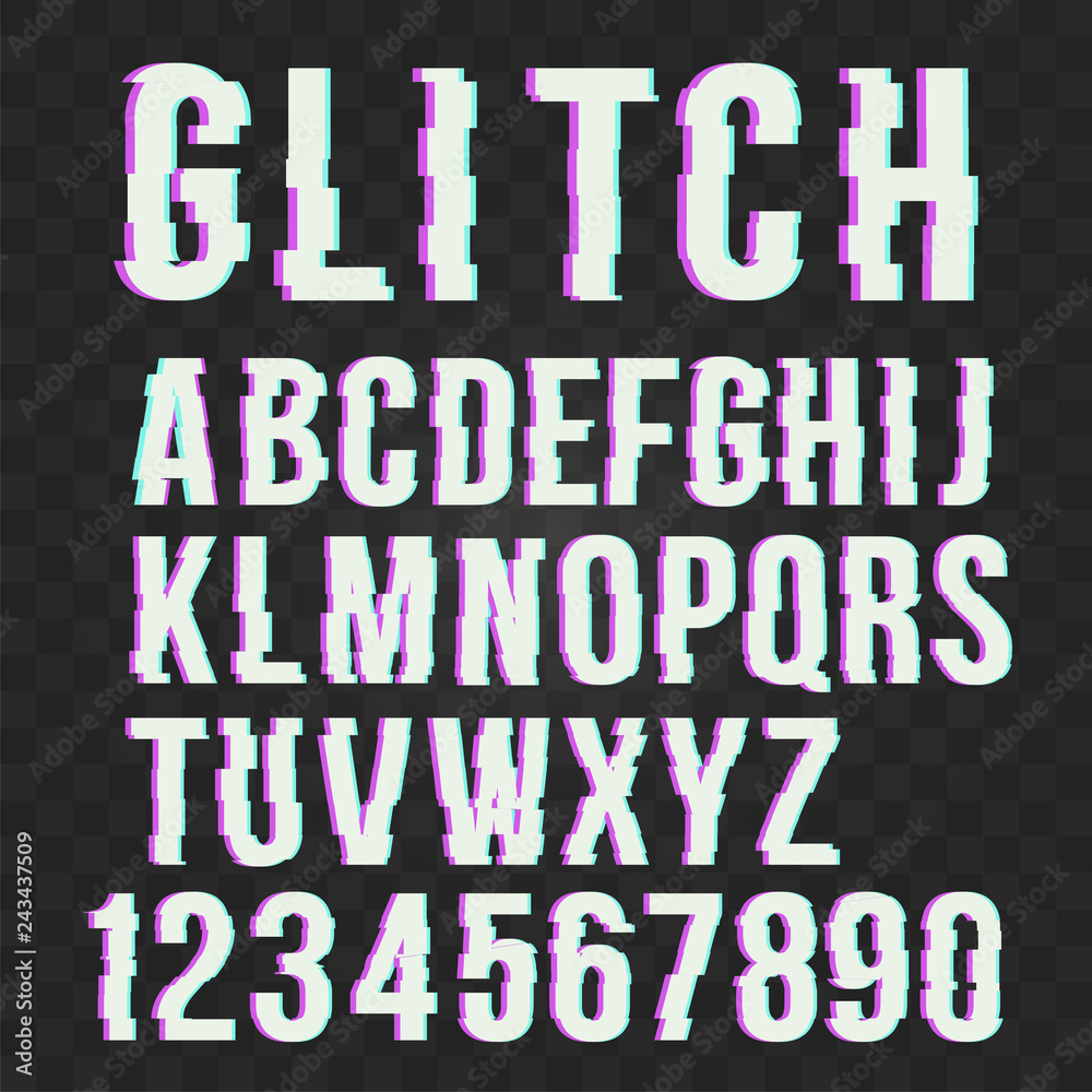 Trendy style distorted glitch typeface alphabet. Letters and numbers: A ...