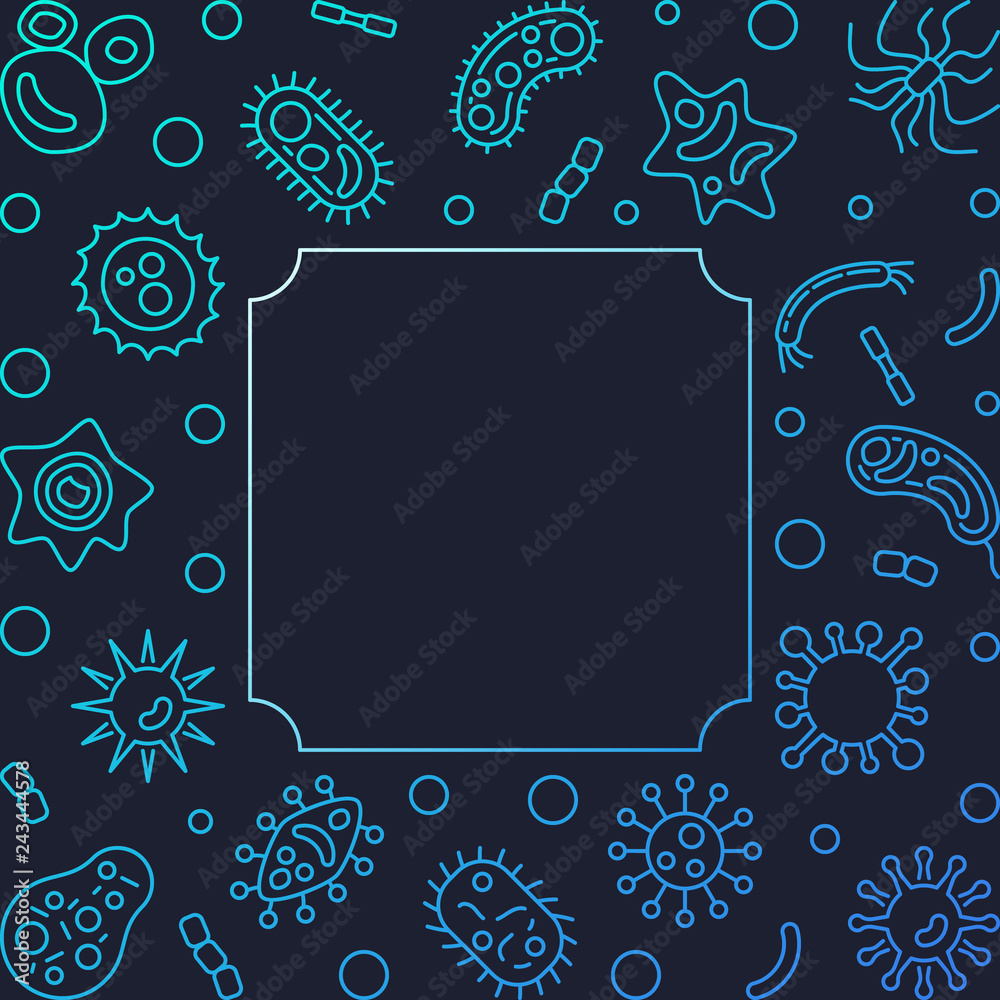 Square frame with microorganism outline blue icons. Vector virology and ...