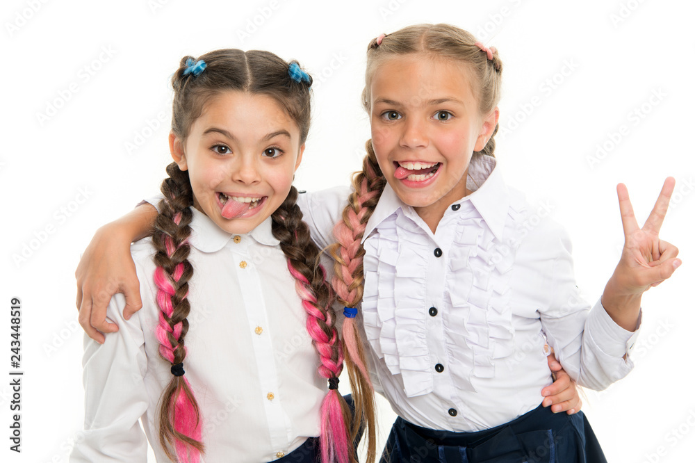 On same wave. Schoolgirls wear formal school uniform. Sisters little ...