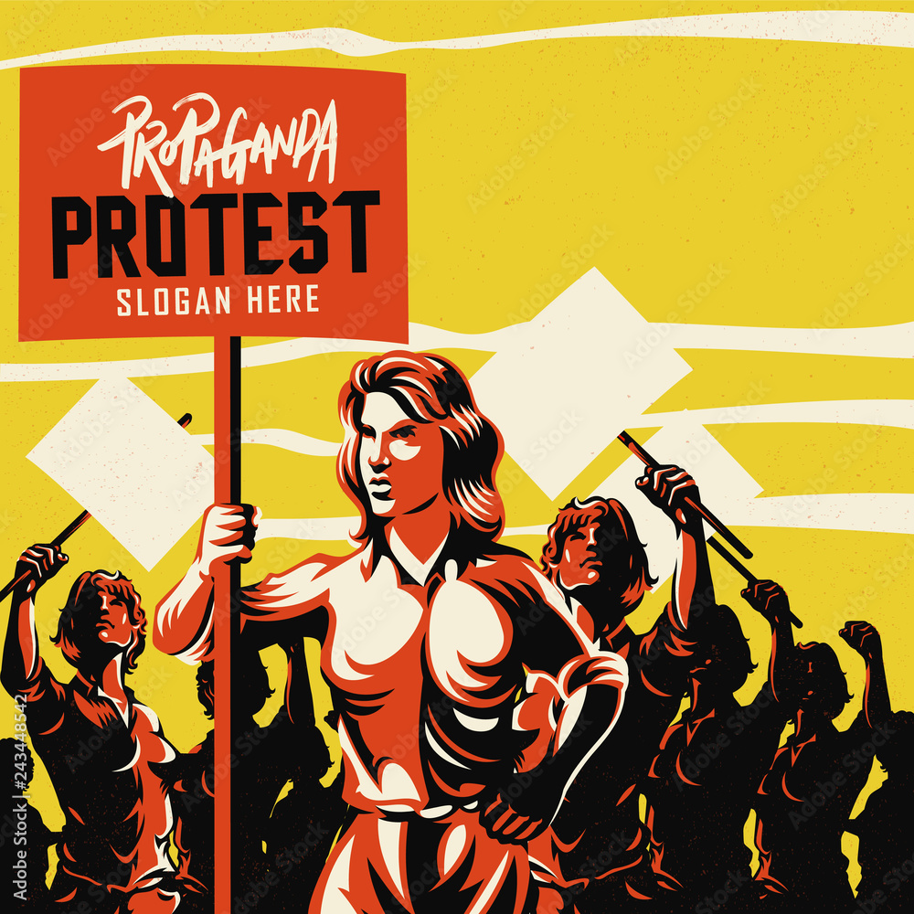 Vetor de Woman holding blank placard with large crowd of people with ...