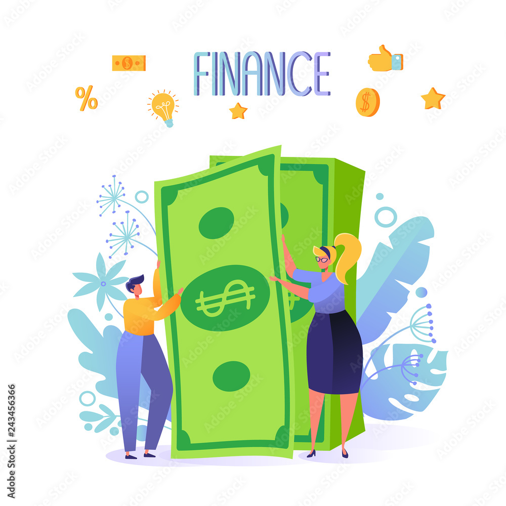 People characters with big money stack. Rich man and woman. Employees ...