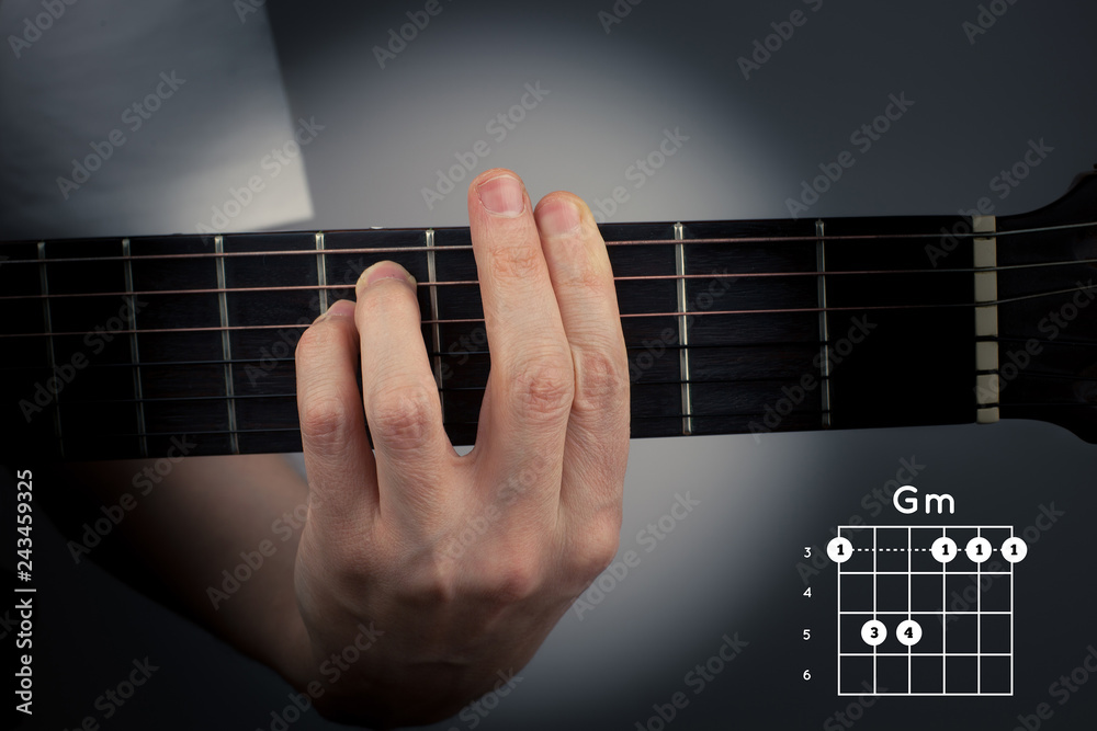 Guitar chord on a dark background. G Minor Chord. Gm tab fingering ...