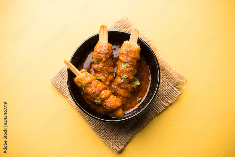 Soya Chaap Curry served in a bowl. Healthy recipe popular in India and ...