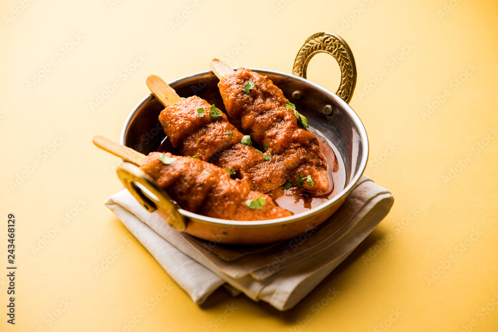 Soya Chaap Curry served in a bowl. Healthy recipe popular in India and ...