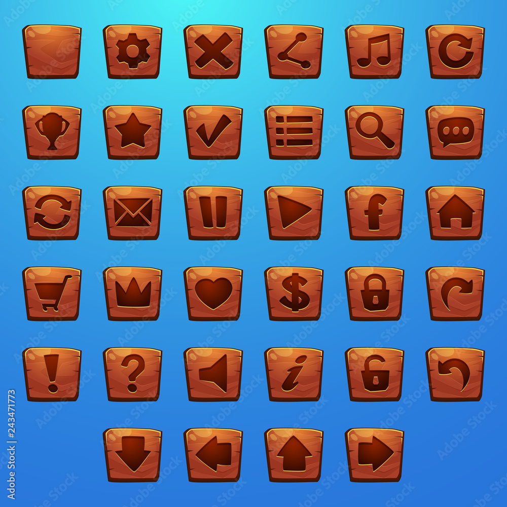 Cartoon wooden game buttons.GUI asset. Stock Vector | Adobe Stock