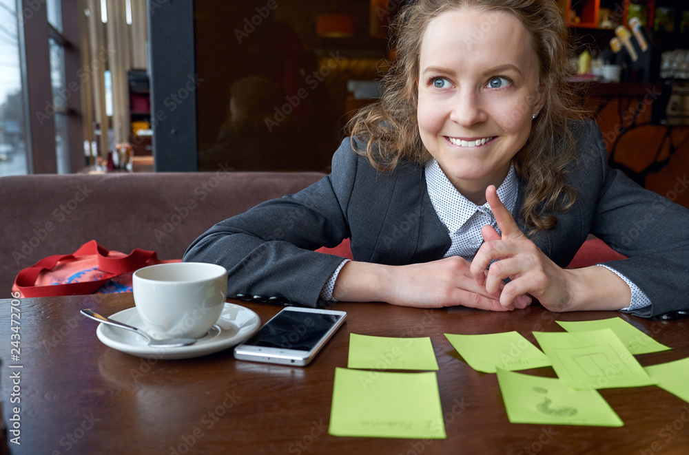 Brainstorm. thinking woman found a solution. Many stickers, questions ...