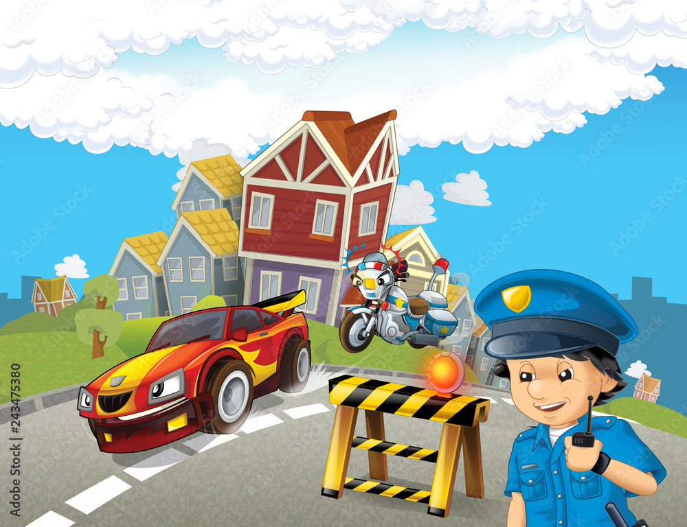 cartoon scene with police chase motorcycle driving through the city ...