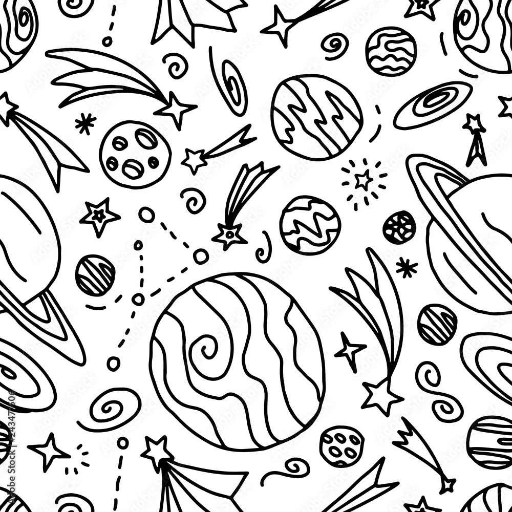 Hand drawn seamless pattern with stars, comets and planets. Black and ...