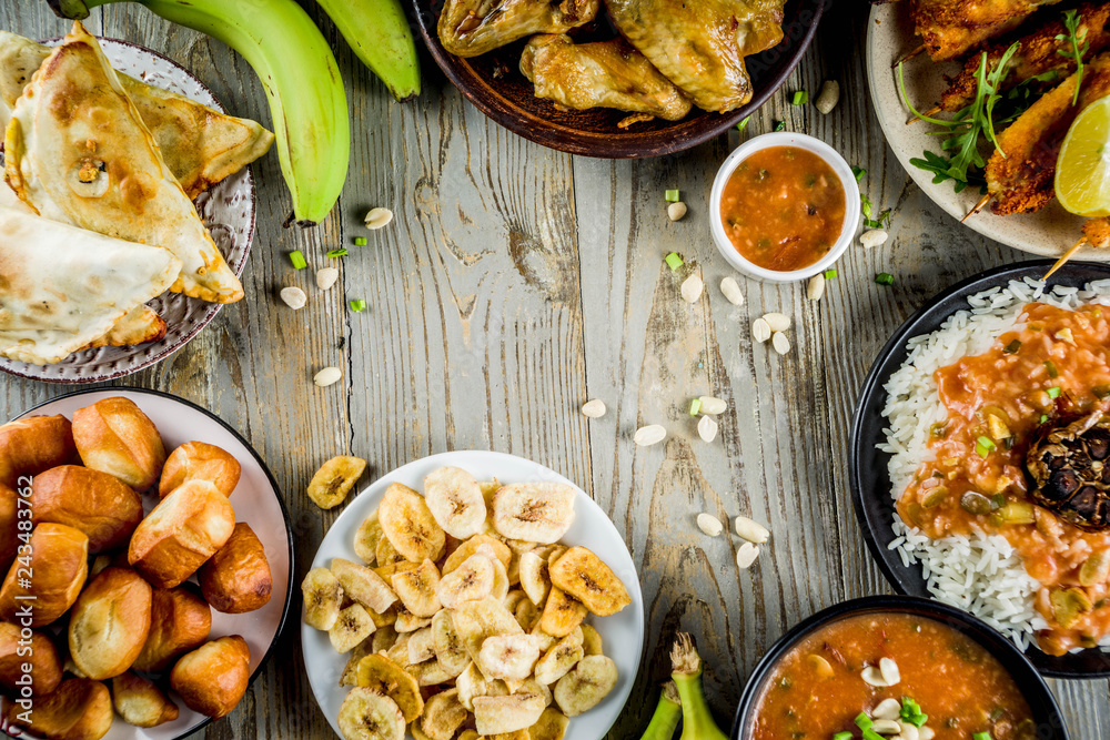 West african food concept. Traditional Wset African dishes assortment ...