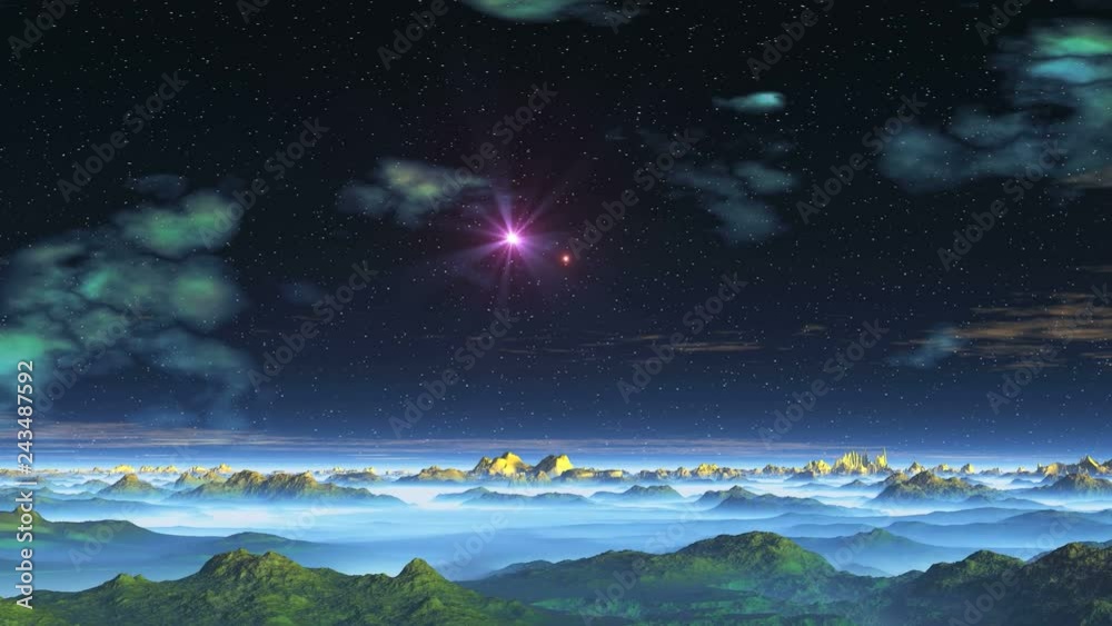 Two Stars (UFO) over Alien Planet. From the depths of the dark starry ...