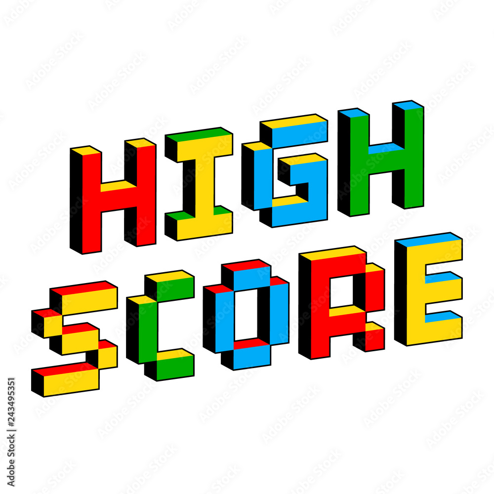 High Score text in style of old 8-bit video games. Vibrant colorful 3D ...