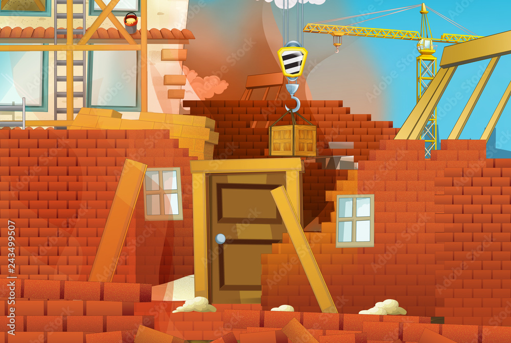 cartoon scene with destroyed house on construction site - illustration ...