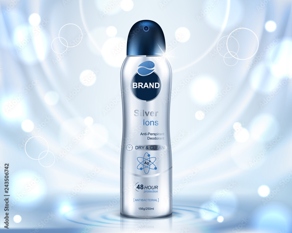 Cosmetic ads template, deodorant bottle and glitter elements on light ...