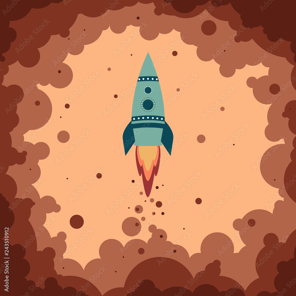 Cute cartoon rocket starts from the surface of Mars in clouds of smoke ...