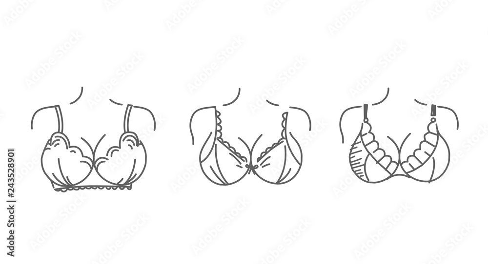 Big beautiful breast in different bras doodle icons. Chest forms. Stock ...