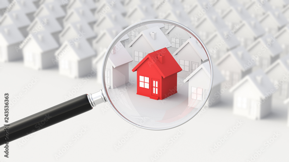 Magnifying glass with red and white house. Hunting and searching ...