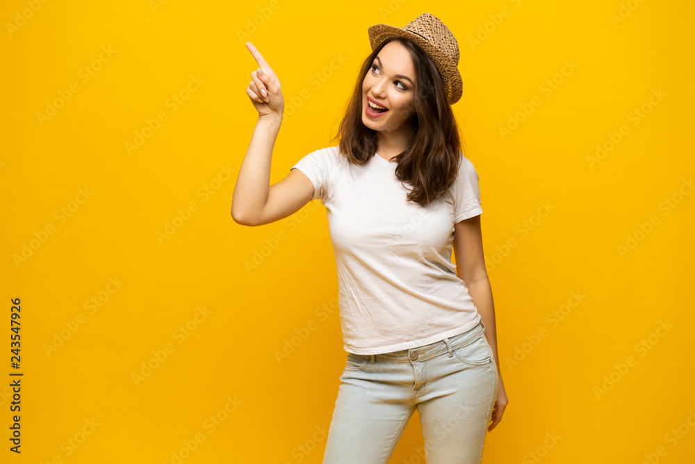 No way, look this ! Woman pointing finger at copy space. Expression ...