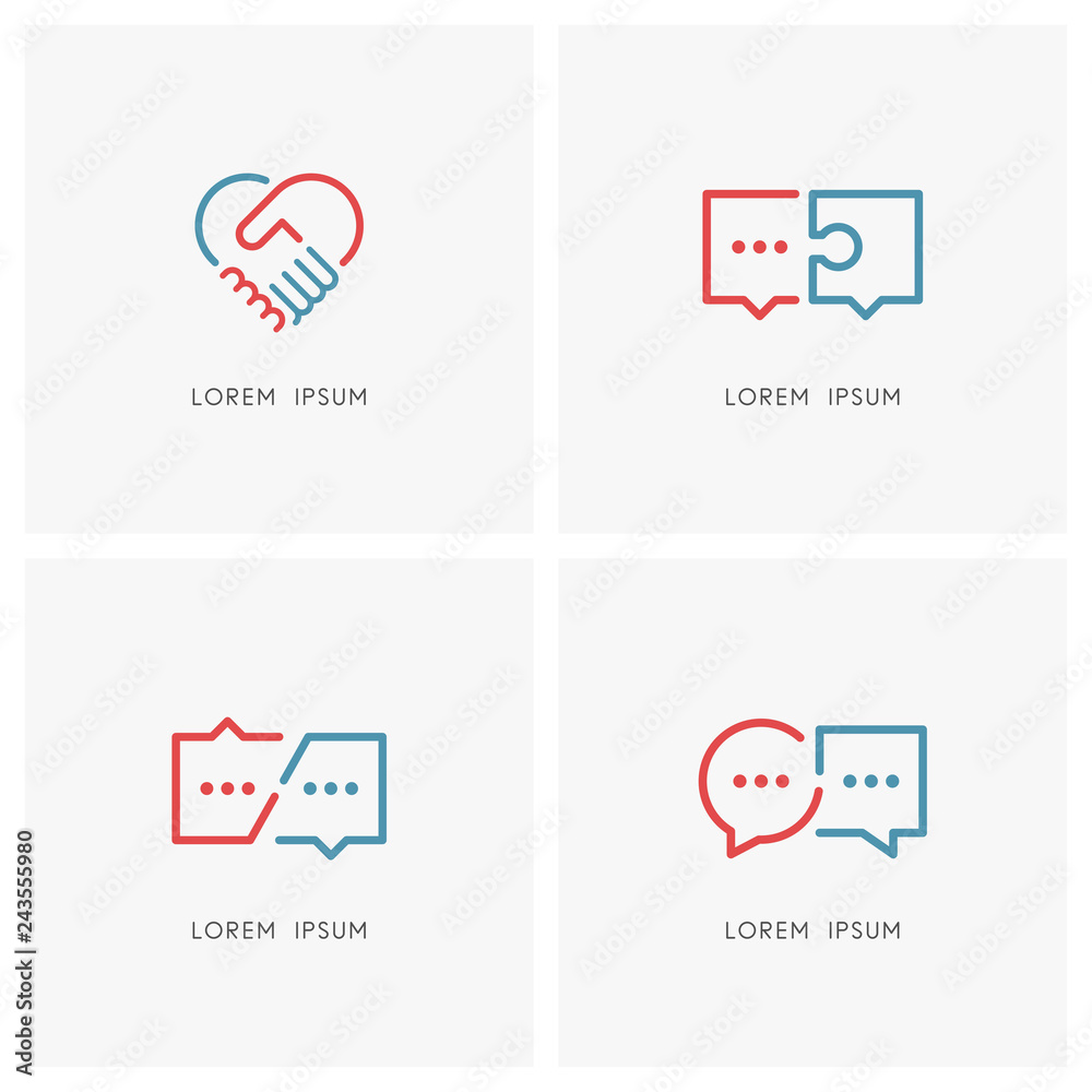 Partnership and conversation logo set. Business communication or chat ...