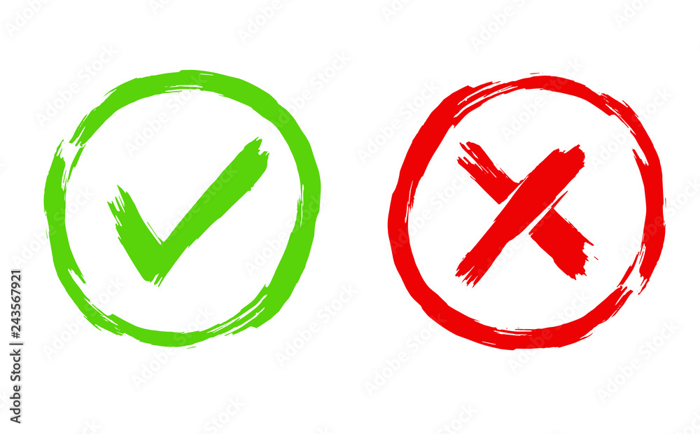 Vector Tick and Cross Signs. Hand drawn grunge symbols YES and NO Stock ...