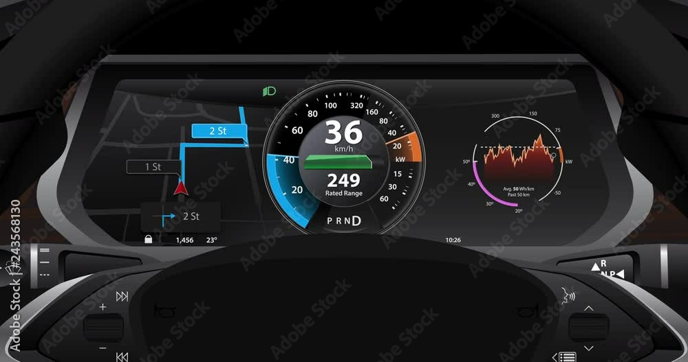 Electric car dashboard display closeup. Vehicle accelerates to 50 km/h ...