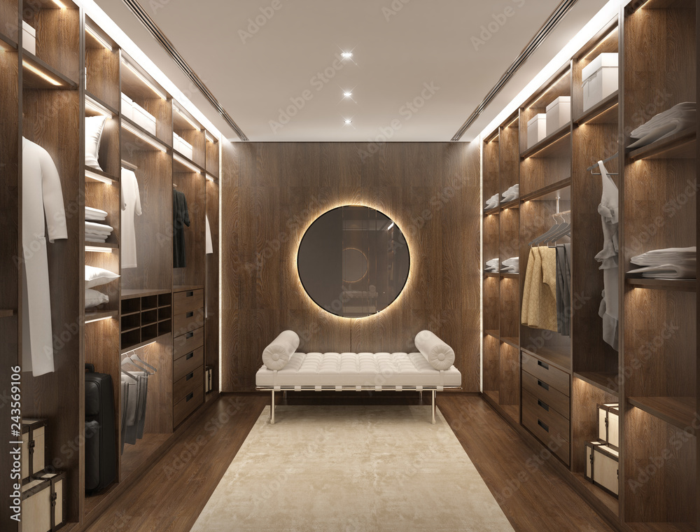 Luxury dark red wood modern men dressing room with daybed Stock ...