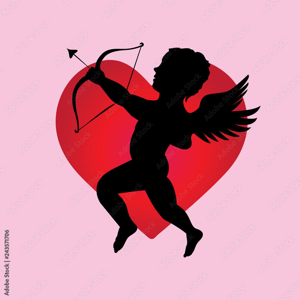 Valentine-Cupid Silhouette Over a Red Heart Stock Vector | Adobe Stock