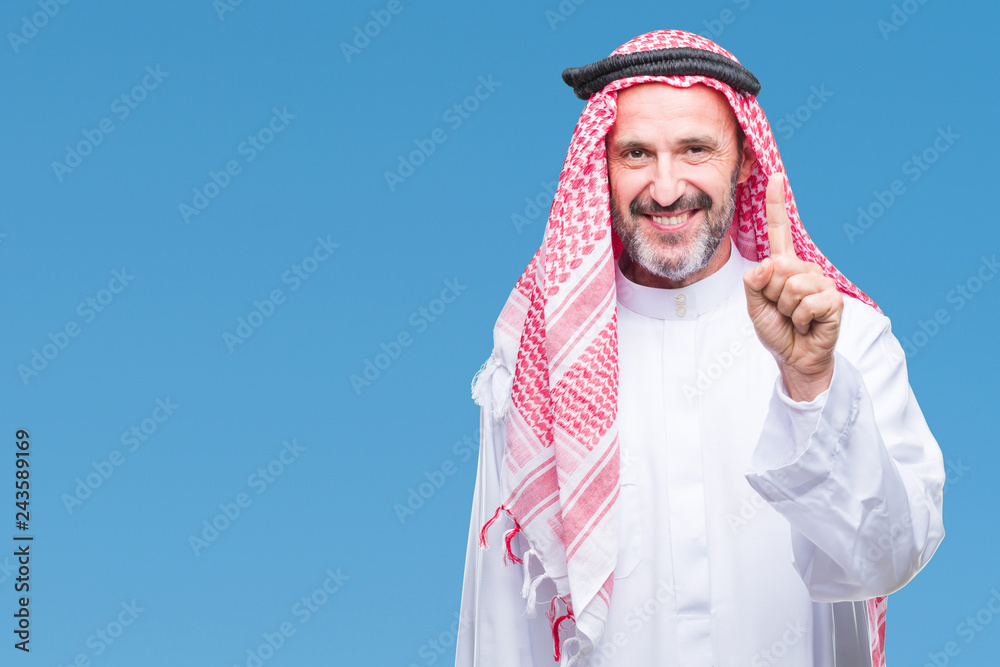 Senior arab man wearing keffiyeh over isolated background showing and ...