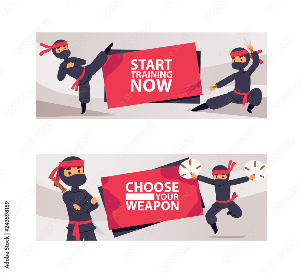 Ninja characters showing different actions vector illustration. Cartoon ...