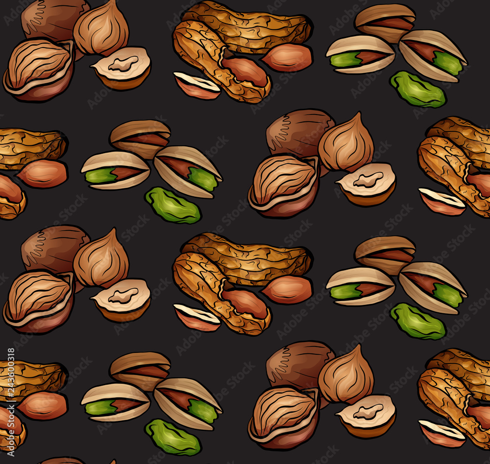 Seamless pattern with colored cartoon nuts on dark background. Peanuts ...