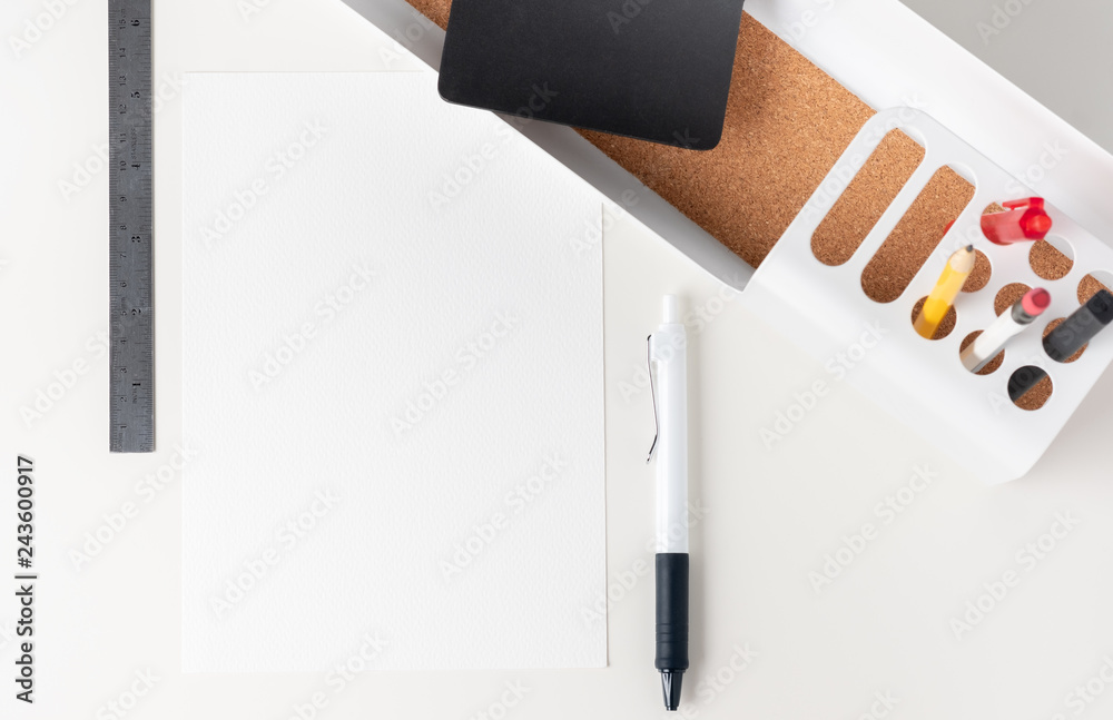Top view white paper note on modern office stationery on white table ...