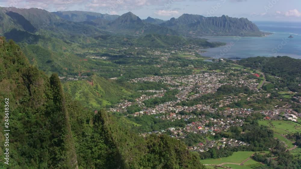 Oahu, Hawaii circa-2018. Aerial view of cliffs over looking Kaneohe Bay ...