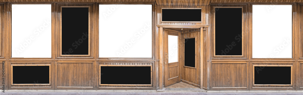 Outdoor mockup,store template,front view wooden shop facade with ...