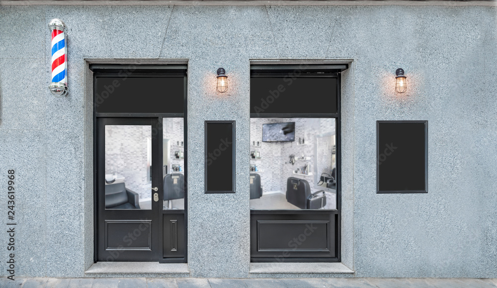 Outdoor mockup,store template,front view black barber shop facade with ...