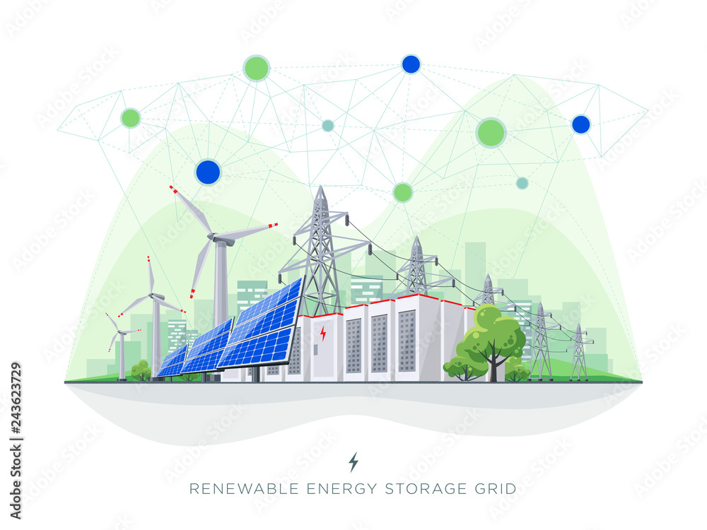 Renewable energy smart grid blockchain connected system. Flat vector illustration of solar ...