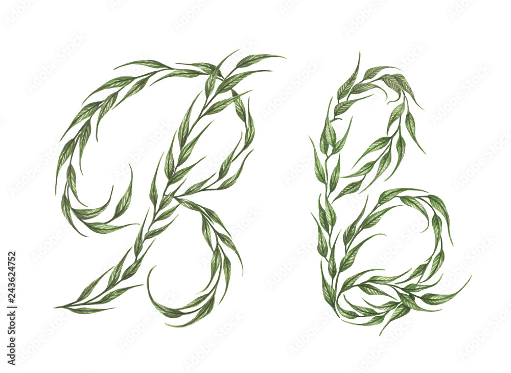 Poster Alphabet of green leaves with letter B in small capital and ...