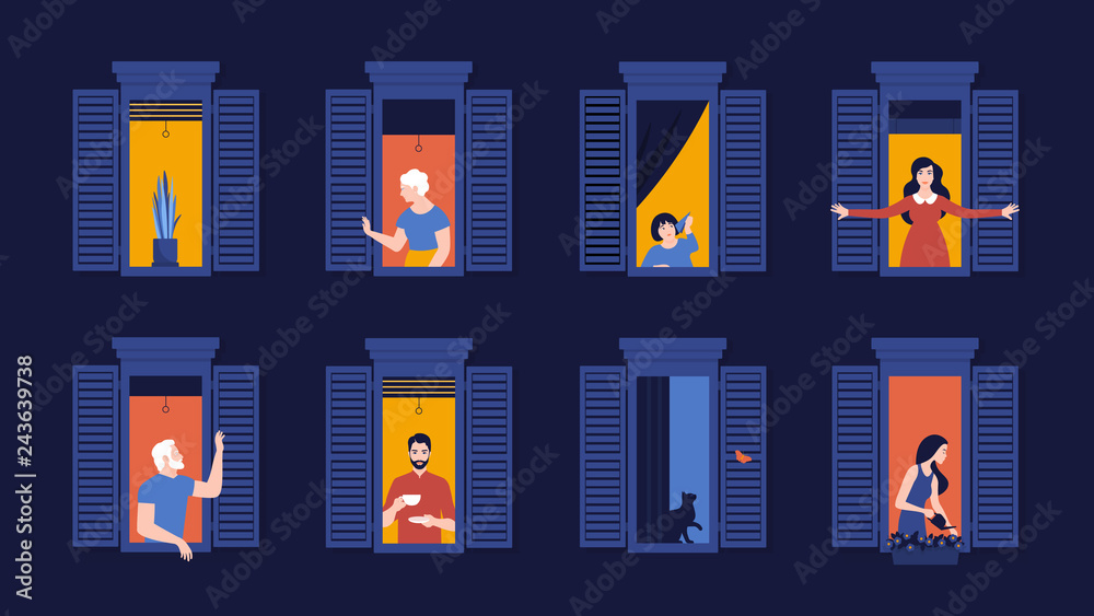 People in window frames. Neighbors evening live in apartments. Night ...