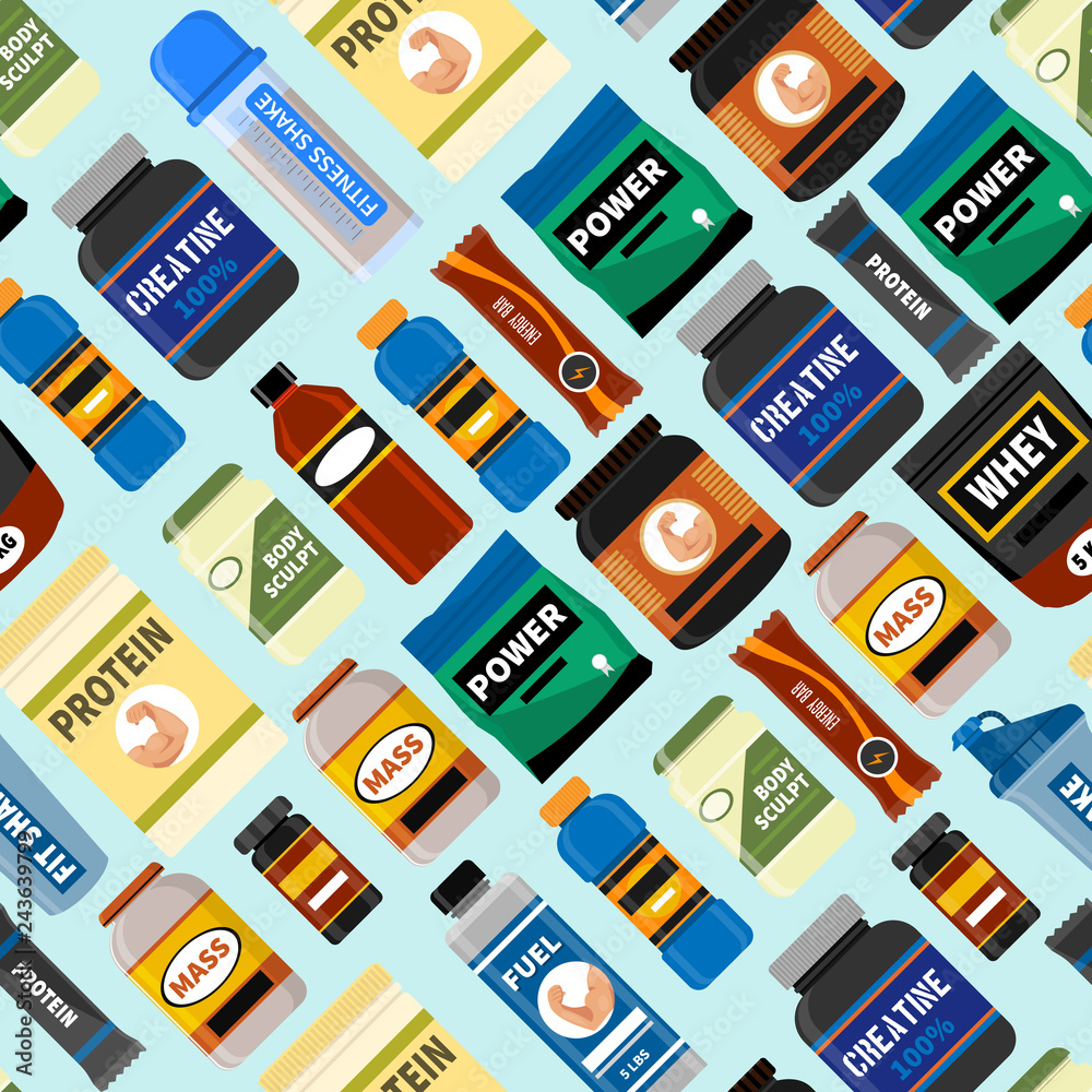 Sports nutrition supplement seamless pattern. Fitness. Protein, shakers ...