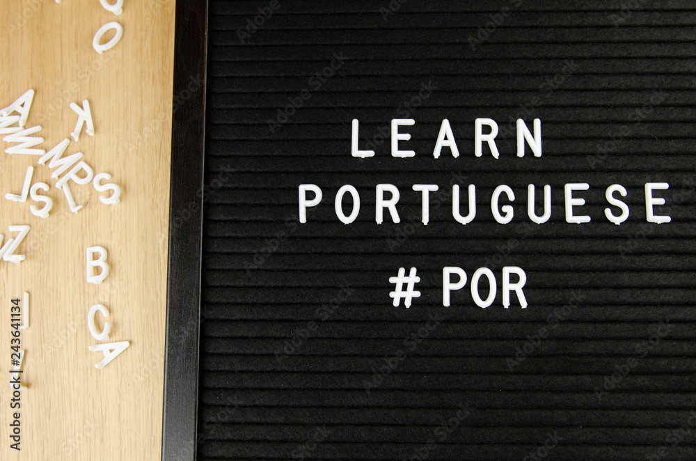Learn Portuguese, POR abbreviation, simple sign on black background ...