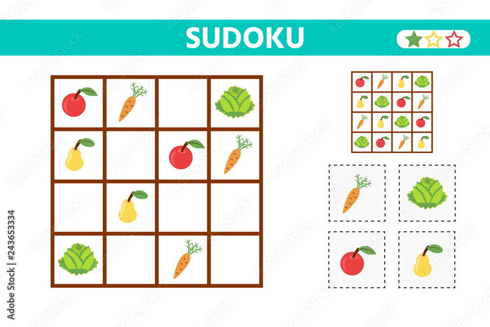 Sudoku game for children with pictures. Set of vegetables and fruit ...