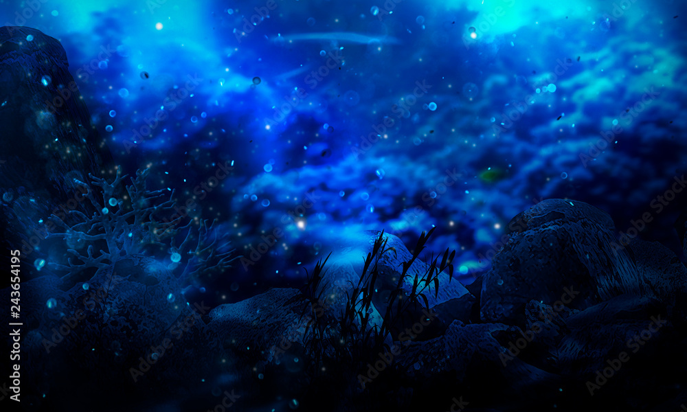 Poster The depth of the sea water, the ocean floor, the rays of the sun ...