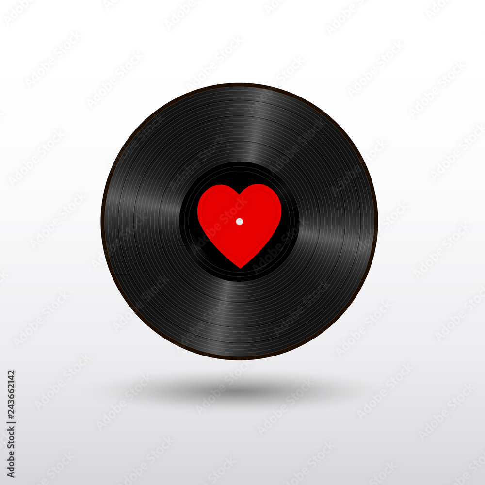 Realistic Black Vinyl Record with red heart label. Retro Sound Carrier ...