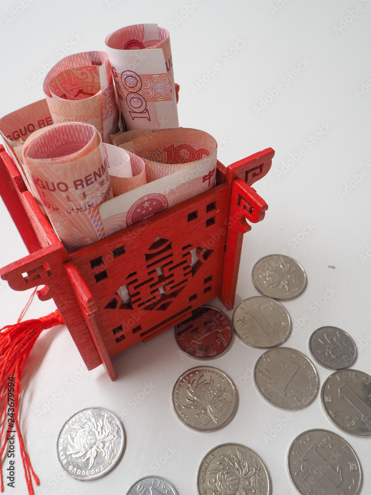 Miniature Chinese pavilion in bright red filled with Chinese 100 ...
