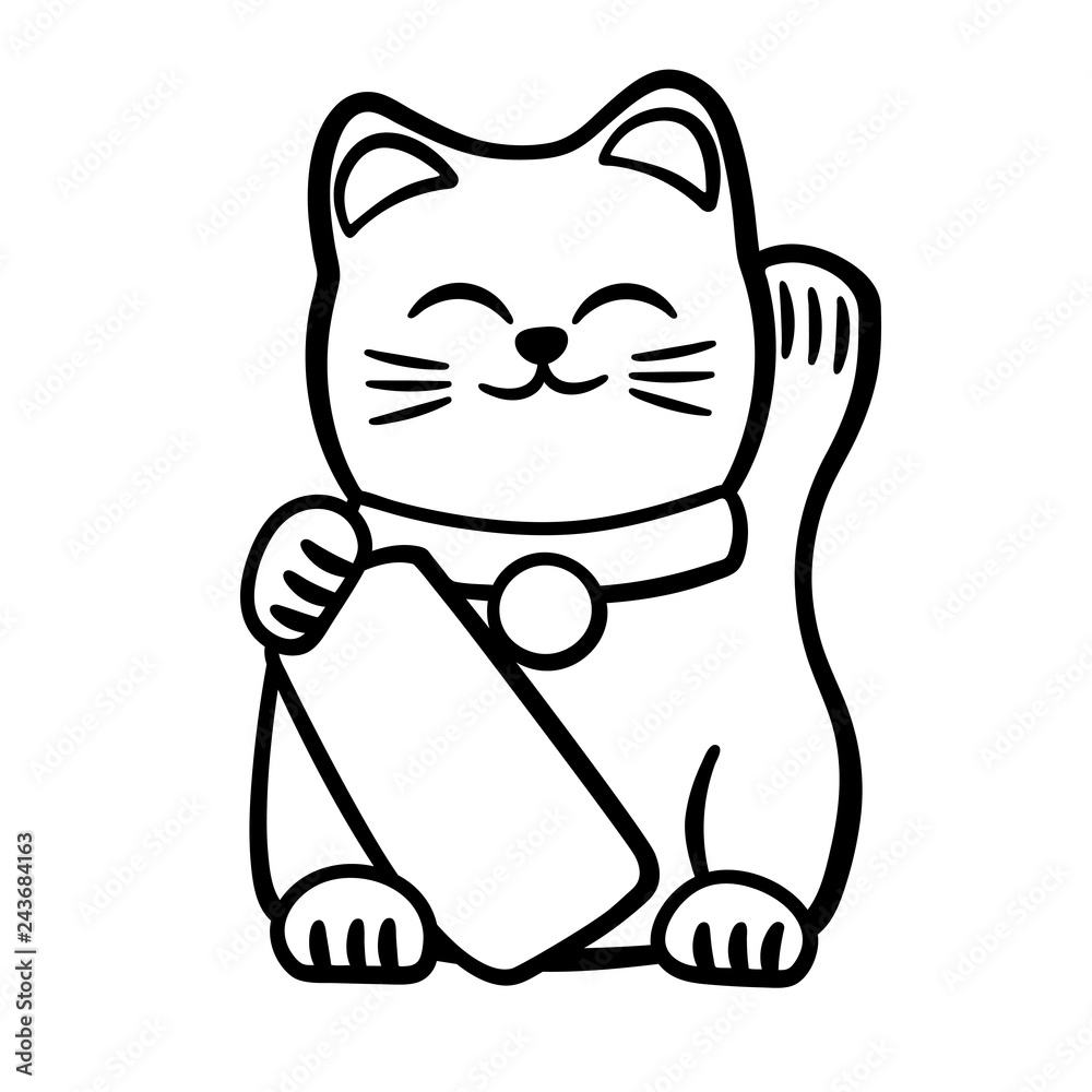 Maneki neko outline icon, japan lucky charm. Clipart image isolated on ...