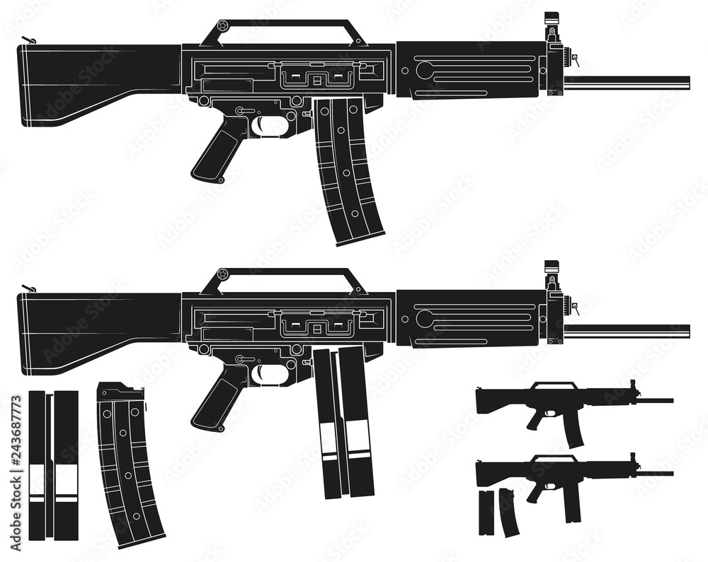 Graphic black and white detailed silhouette modern automatic galil ...