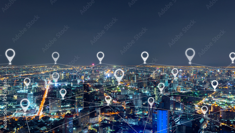 Map pin flat of city, network connection lines in Bangkok Downtown ...